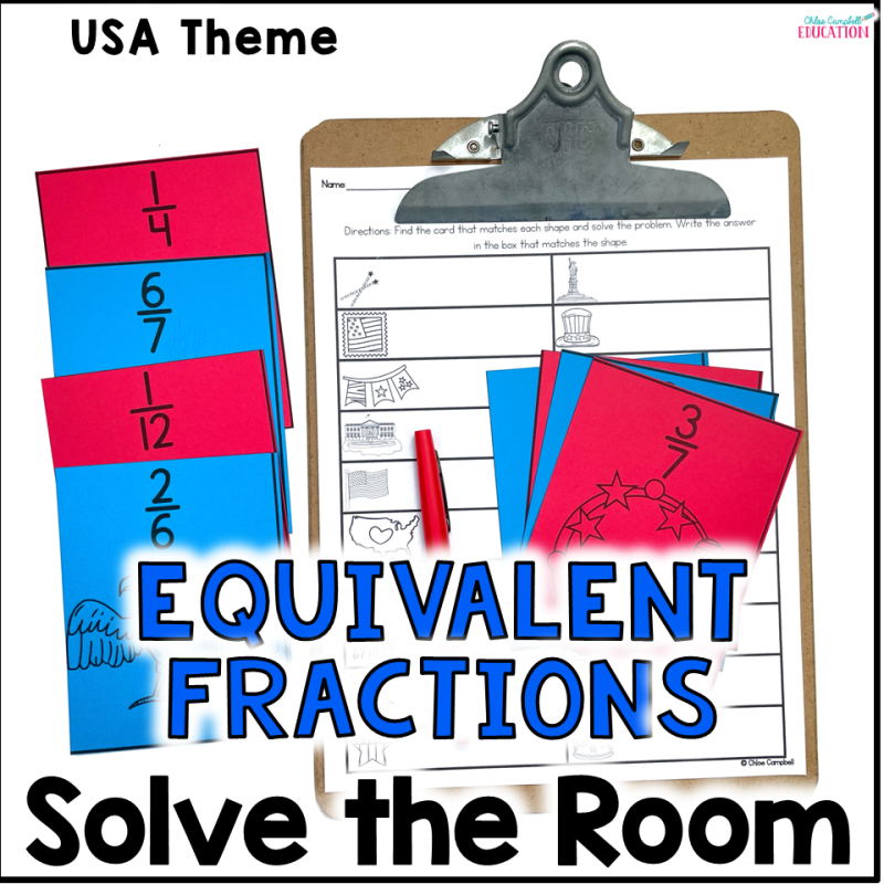 Equivalent Fractions Solve the Room – USA Theme – Fractions Practice