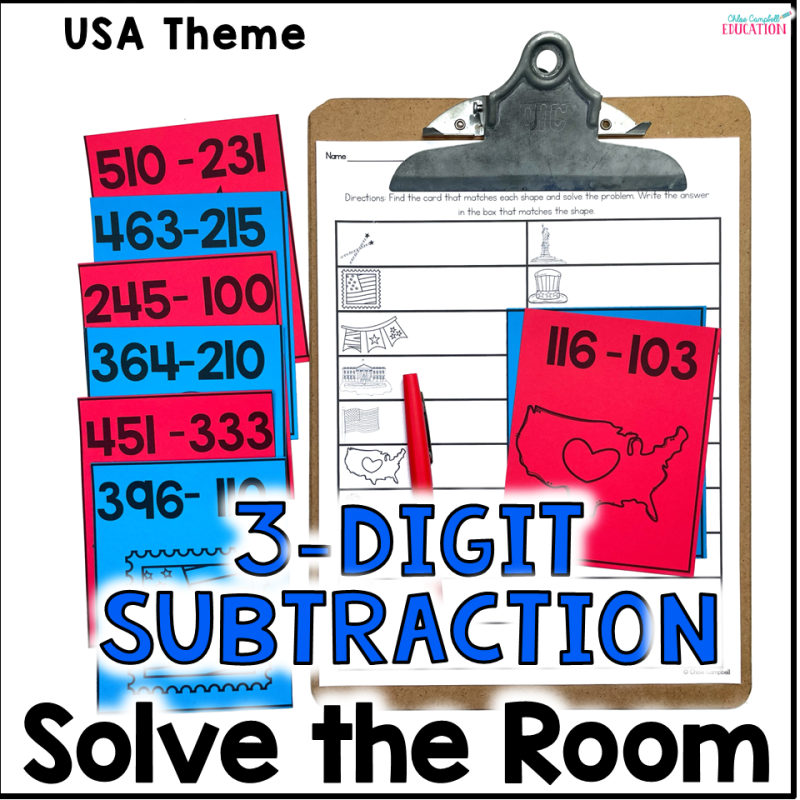3 Digit Subtraction with Regrouping – USA Theme Solve the Room – Chloe ...