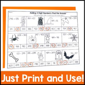 Addition within 1,000 Halloween Math Worksheets – 3 Digit Addition with ...