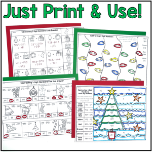 3 Digit Subtraction with Regrouping Christmas Math Worksheets | Chloe ...