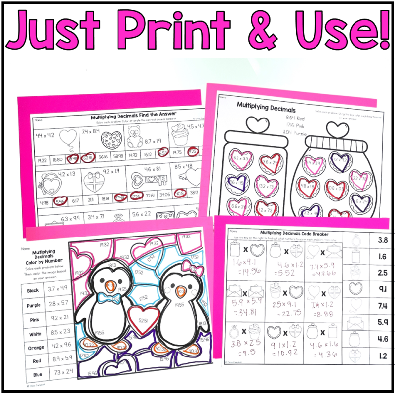 Multiplying Decimals – Valentine’s Math Worksheets – Color by Number ...