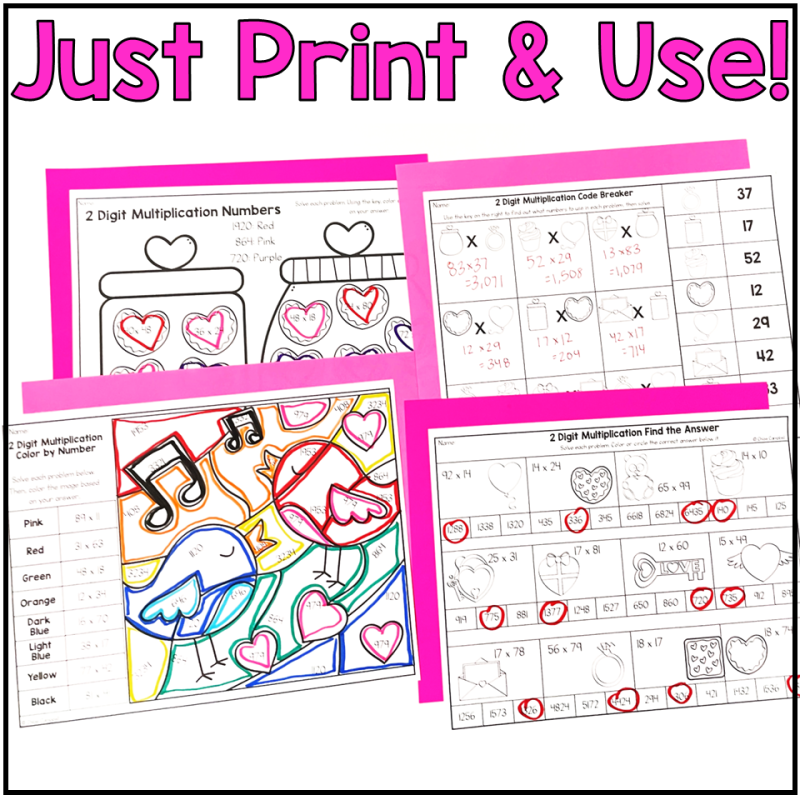 Valentine’s Day Math 2 Digit Multiplication Color by Number – 2 Digit ...