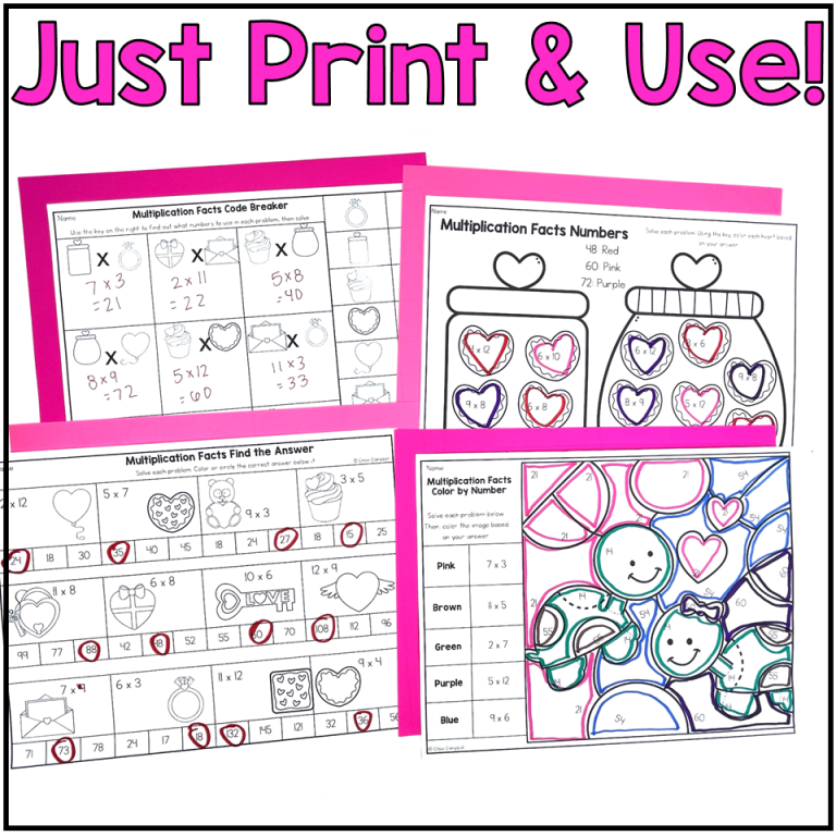 Multiplication Facts Practice Valentine’s Math Worksheets – Fact Fluency
