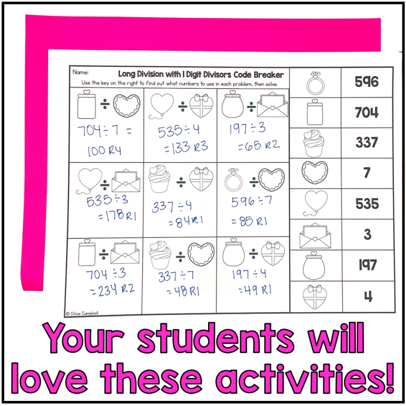 Long Division with Remainders Color by Number Valentine’s Day Math ...