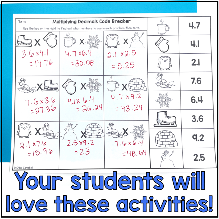Multiplying Decimals – Winter Math Worksheets – Color by Number ...