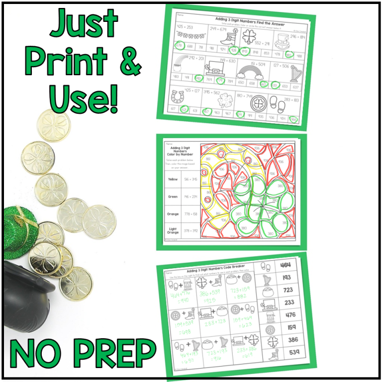 3 Digit Addition – Adding within 1,000 St. Patrick’s Day Coloring ...