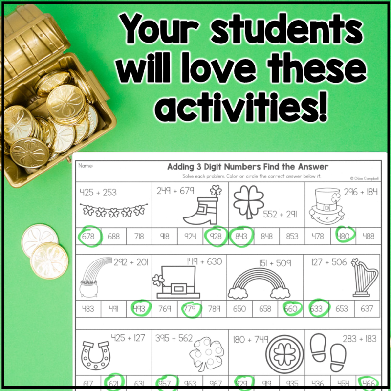 3 Digit Addition – Adding within 1,000 St. Patrick’s Day Coloring ...