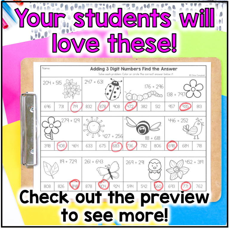 3 Digit Addition – Adding within 1,000 Spring Day Coloring Worksheets ...