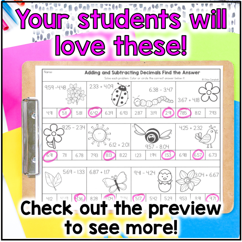 Adding & Subtracting Decimals Color by Number Spring Math Worksheets ...