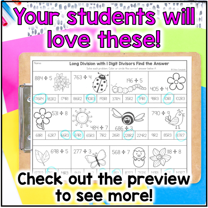 Long Division with Remainders Spring Math Color by Number Worksheets ...