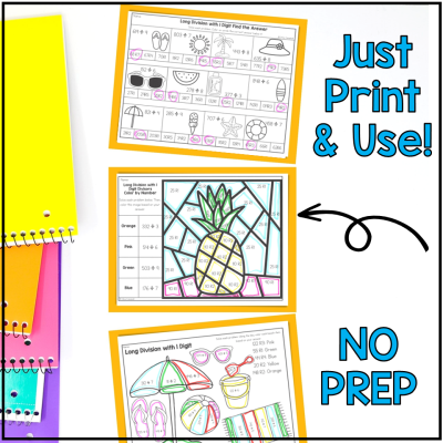 Long Division with Remainders Summer Math Color by Number Worksheets ...